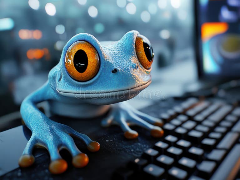 Funny Blue Frog Playing Computer in Office for Profile Picture Stock ...