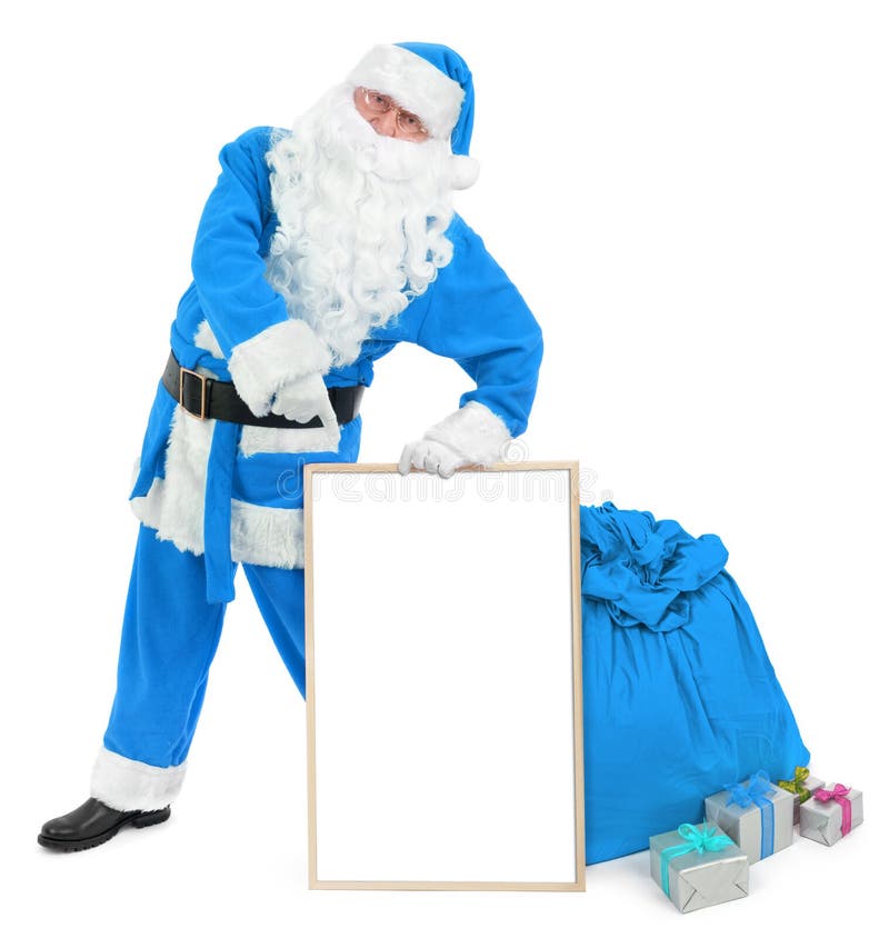 Funny Blue Santa with Empty White Board Stock Photo - Image of ...