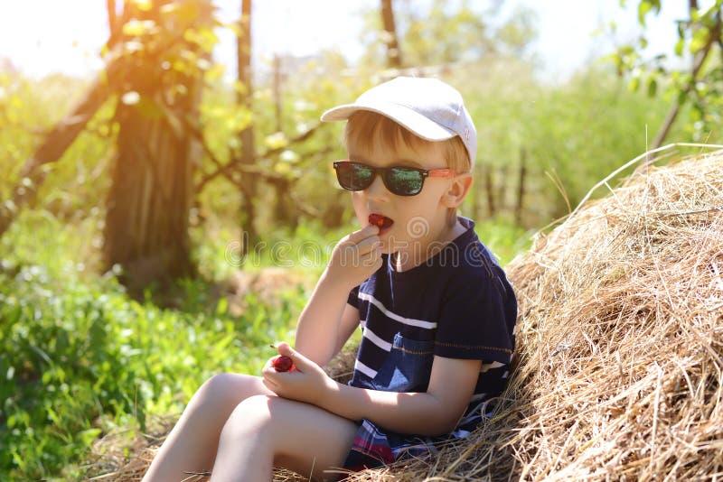 Funny Boy is Eating Fresh Cherry Adn Sits on Stack of Hay. Stock Image ...