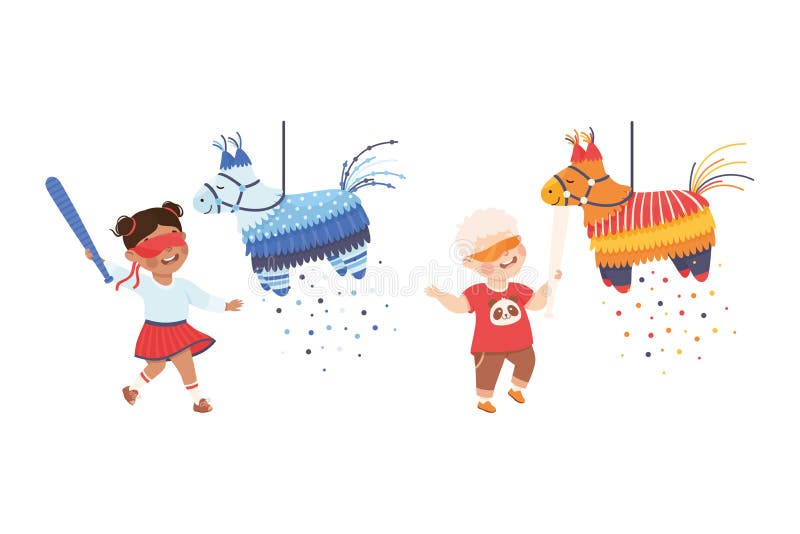 Funny Boy and Girl Striking and Hitting Pinata Hanging on String with ...