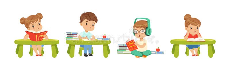 Funny Boy and Girl Study with Book and Learning Vector Set Stock Vector ...