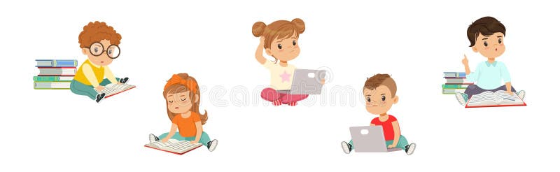 Funny Boy and Girl Study with Book and Learning Vector Set Stock Vector ...