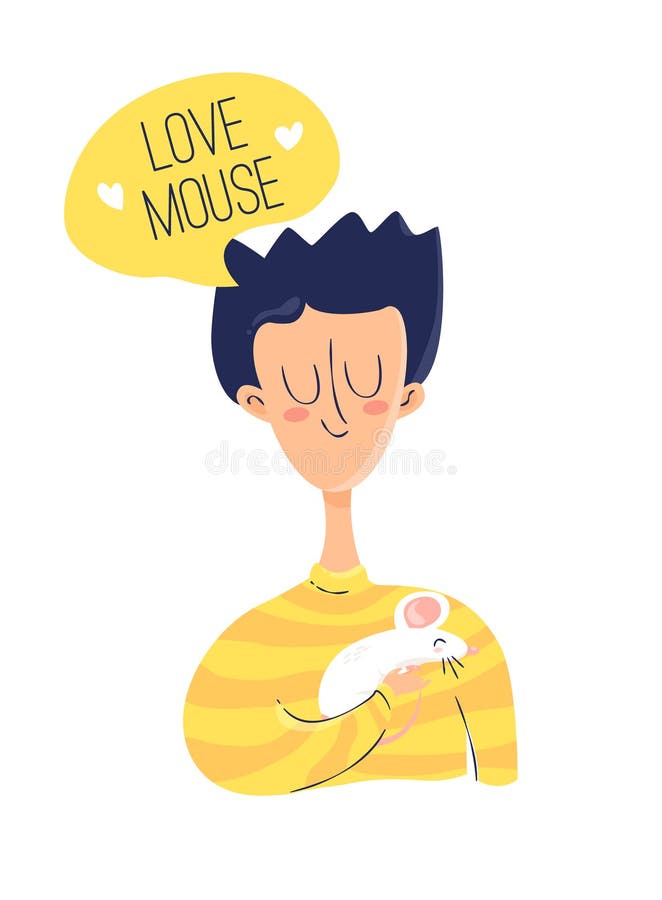 Funny Boy with a Mouse in His Hand. Cartoon Card in Flat Linear Style ...