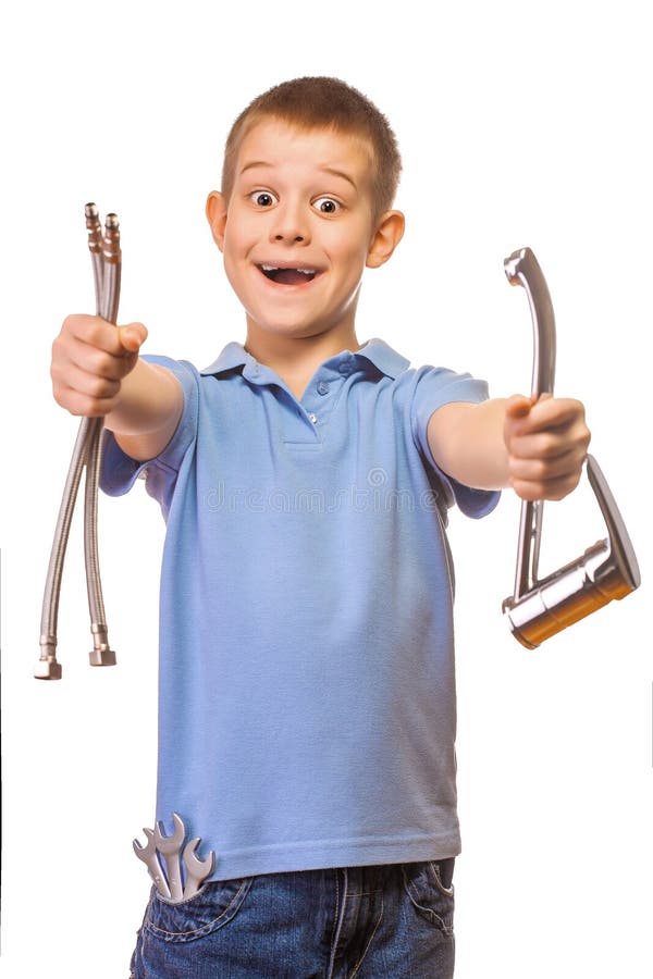 Funny Boy Plumber with Faucet on a White Stock Image - Image of steel ...