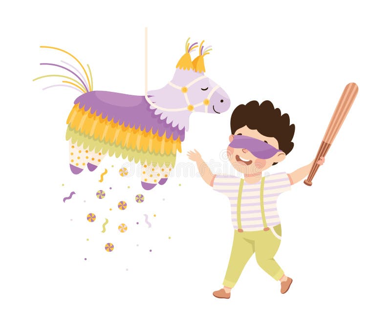 Funny Boy Striking and Hitting Pinata Hanging on String with Stick ...
