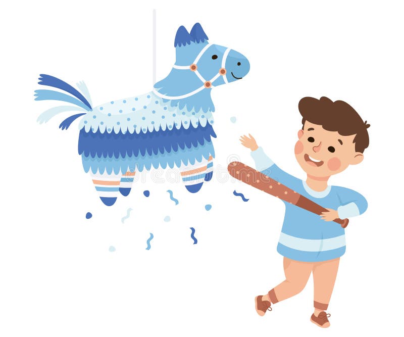 Funny Boy Striking and Hitting Pinata Hanging on String with Stick ...