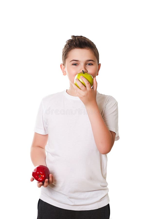 Funny Boy on a White Background Eating Apples, Healthy Eating Stock ...
