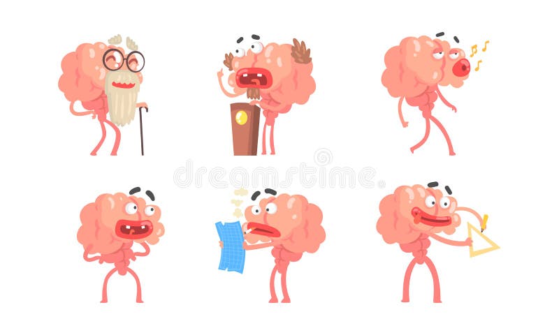Funny Brain Cartoon Character Set, Humanized Brain in Different ...