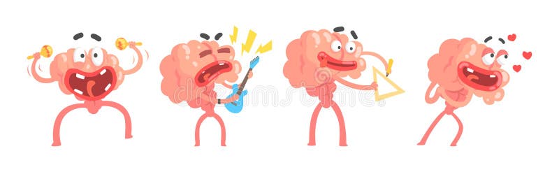 Funny Brain Character Engaged in Different Activity Vector Set Stock ...