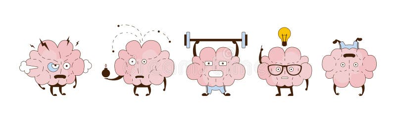 Funny Brain Character Engaged in Different Activity Vector Set Stock ...
