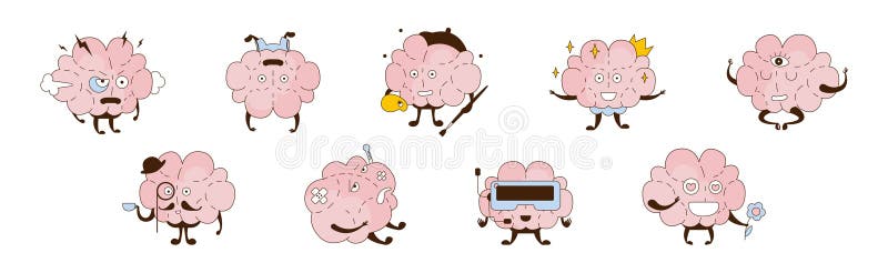 Funny Brain Character Engaged in Different Activity Vector Set Stock ...