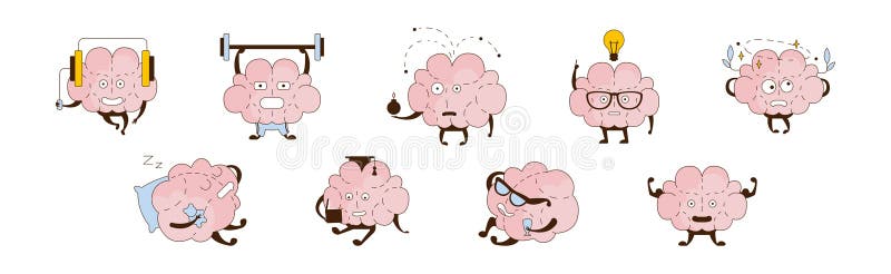Funny Brain Character Engaged in Different Activity Vector Set Stock ...