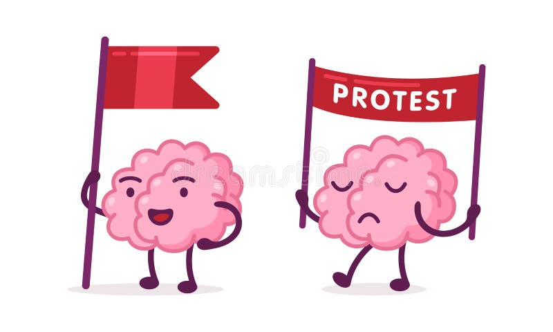 Funny Brain Character with Flag on Pole and Holding Protest Banner ...