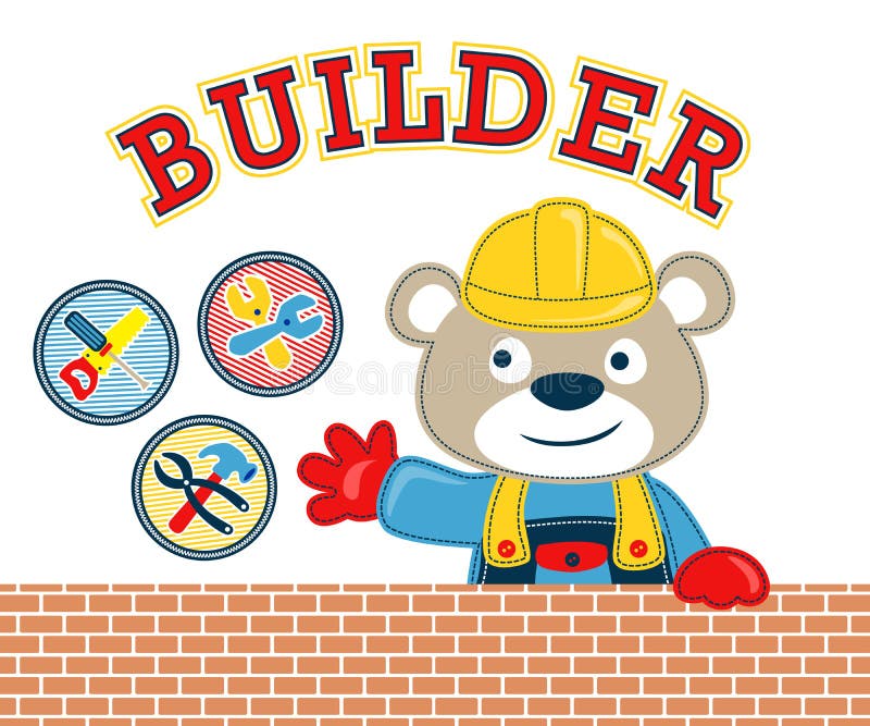 Funny Builder Cartoon with Its Tools Stock Vector - Illustration of ...