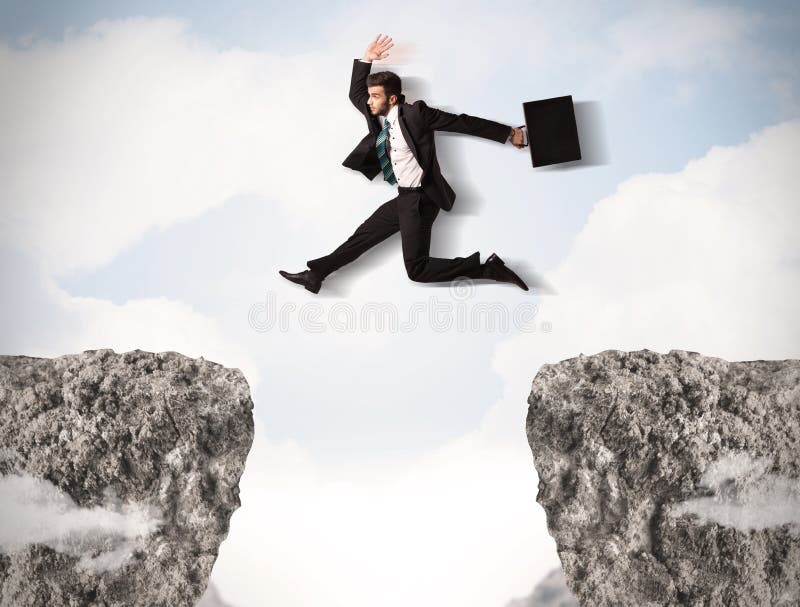 Funny Business Man Jumping Over Rocks with Gap Stock Image - Image of ...