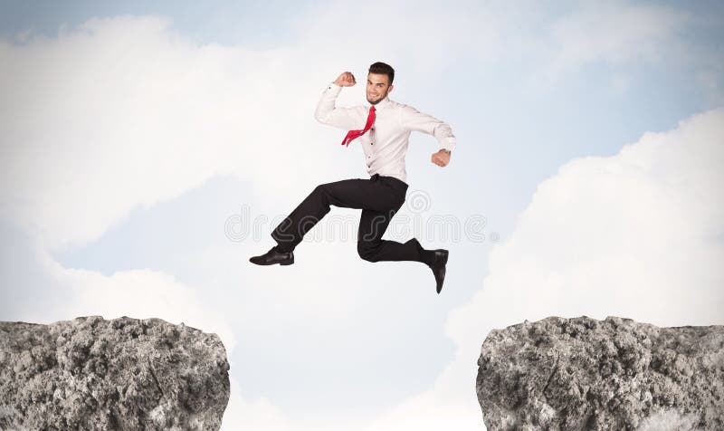Funny Business Man Jumping Over Rocks with Gap Stock Photo - Image of ...