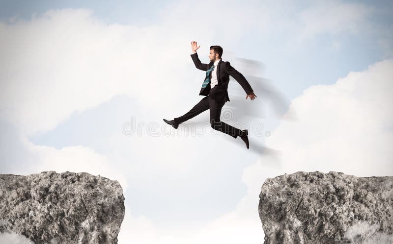 Funny Business Man Jumping Over Rocks with Gap Stock Image - Image of ...