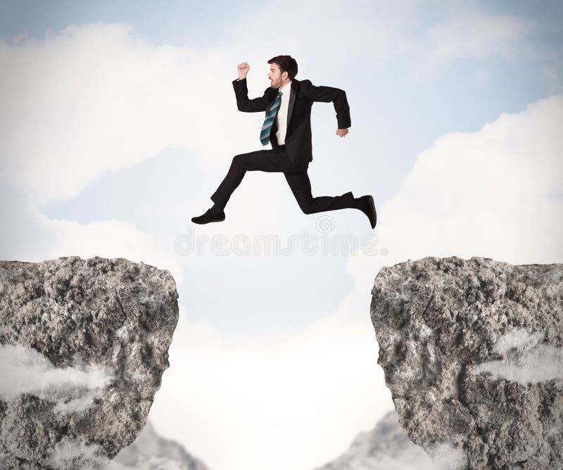 Funny Business Man Jumping Over Rocks with Gap Stock Image - Image of ...