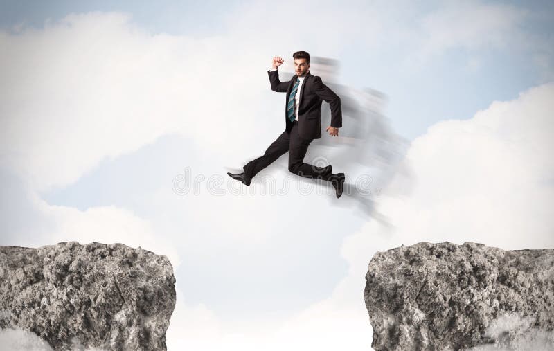 Funny Business Man Jumping Over Rocks with Gap Stock Photo - Image of ...