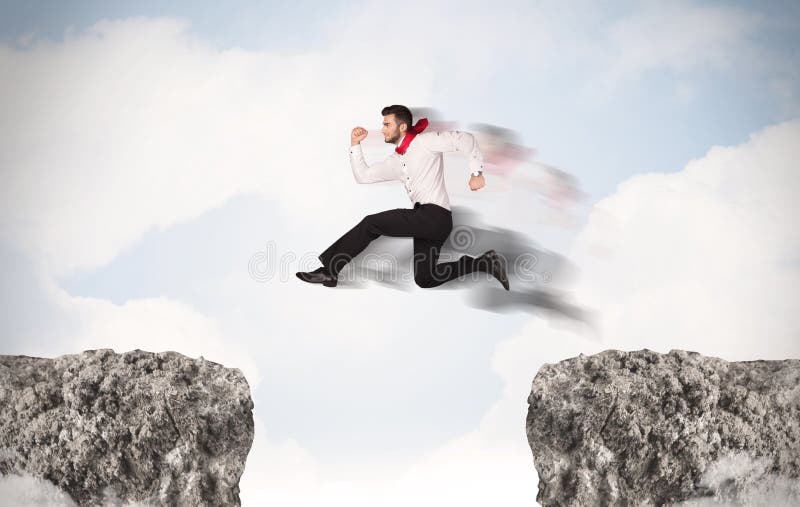 Funny Business Man Jumping Over Rocks with Gap Stock Photo - Image of ...