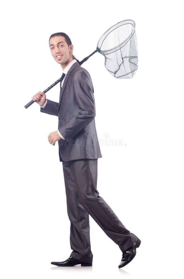 The Funny Businessman with Catching Net on White Stock Image - Image of ...