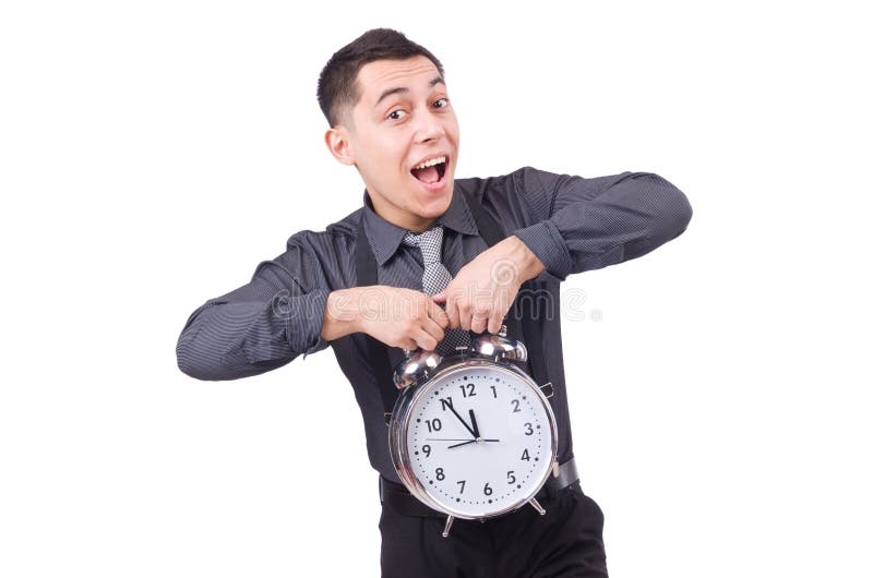 The Funny Man with Clock Isolated on White Stock Image - Image of poses ...