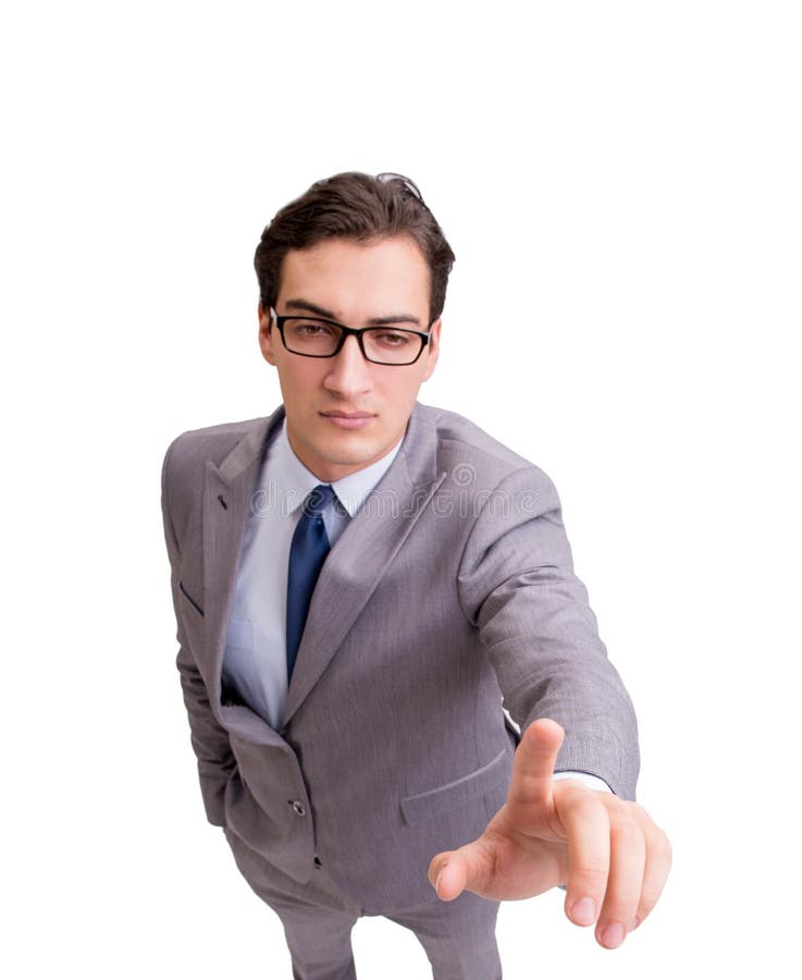 Funny Businessman Pressing Virtual Buttons Isolated on White Stock ...