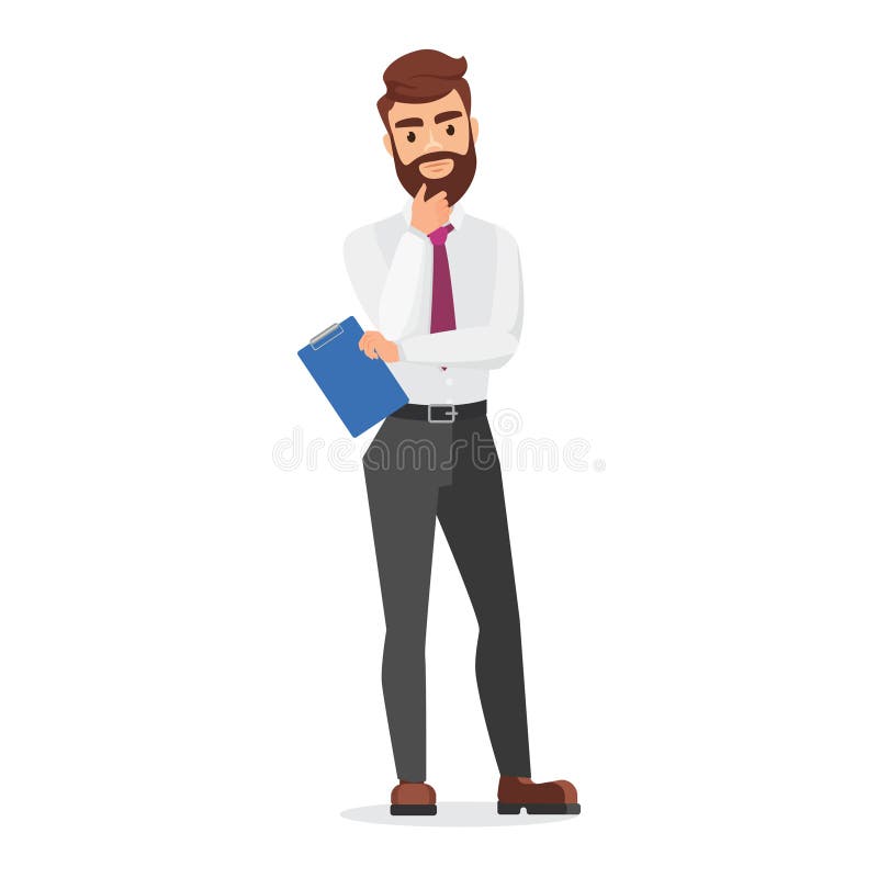 Funny Businessman Standing in Doubt, Man Holding Clipboard and Thinking ... Funny Businessman Standing in Doubt, Man Holding Clipboard and Thinking ...