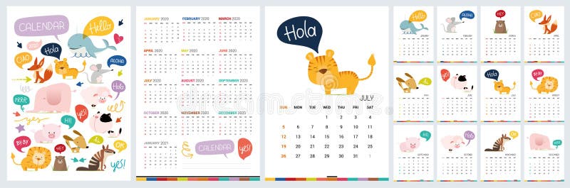 Funny Calendar 2020 with Wild Cartoon Animals. Stock Vector ...