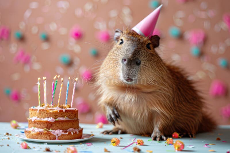 Funny Capybara in a Birthday Hat with Cake Stock Image - Image of ...