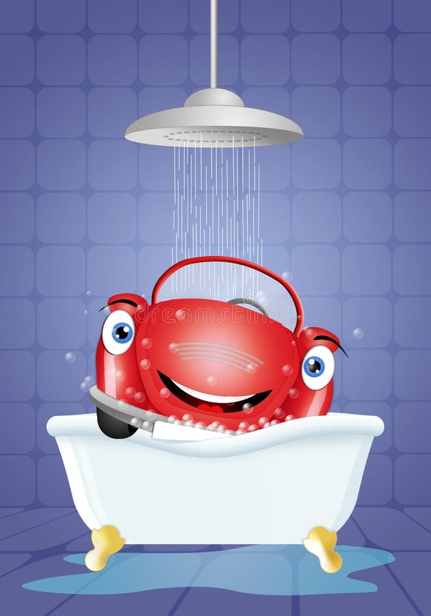 Funny Car in Bath for Car Washing Stock Illustration - Illustration of ...