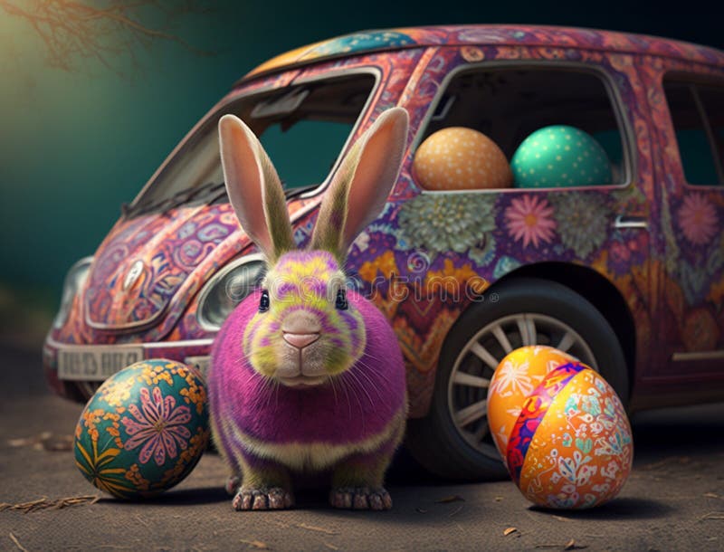 The Funny Car of the Easter Bunny with Flower Patterned Easter Eggs ...