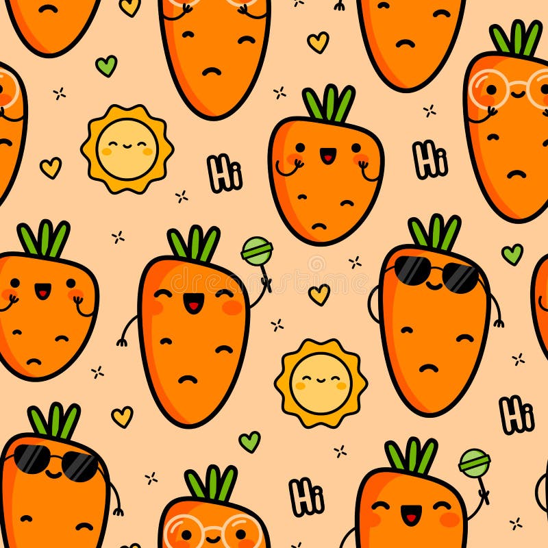 Kawaii Carrot Pattern Happy Carrot Character In Cartoon Style Stock