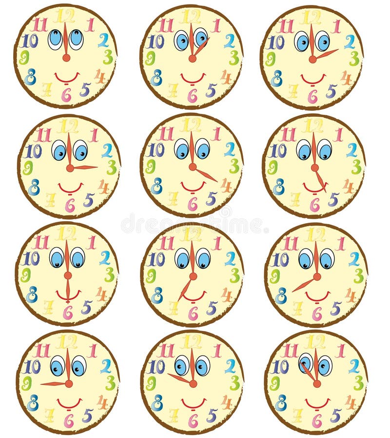 Funny Cartoon Alarm Clocks Showing Time Stock Vector - Illustration of ...