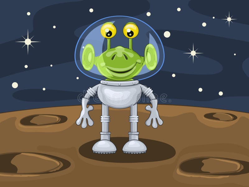 Funny Cartoon Alien Above Planetoid Surface Stock Vector - Illustration ...