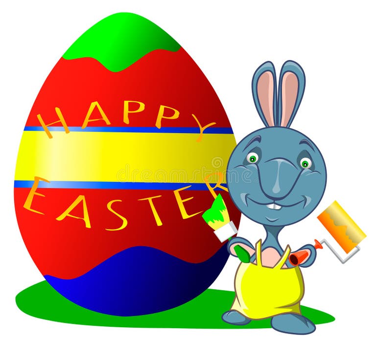Funny Cartoon Bunny with a Brush and a Roller Paints an Easter Egg ...