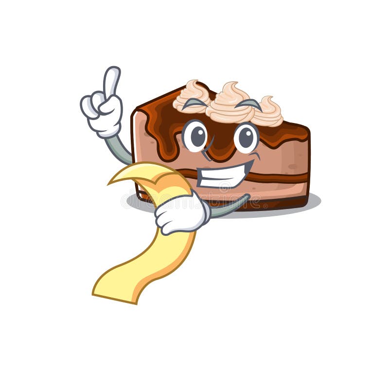 A Funny Cartoon Character of Chocolate Cheesecake Holding a Menu Stock ...