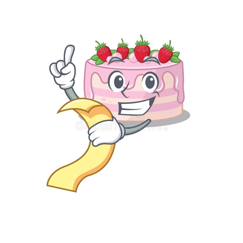 A Funny Cartoon Character of Strawberry Cake Holding a Menu Stock ...