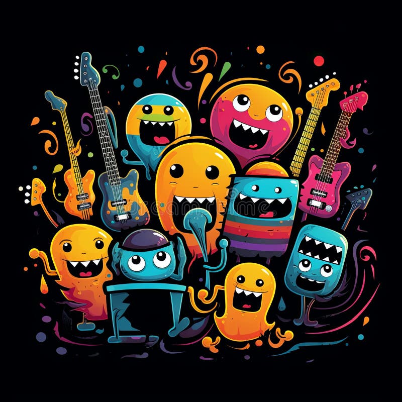 Funny Cartoon Characters and Musical Instruments on Black Backdrop ...