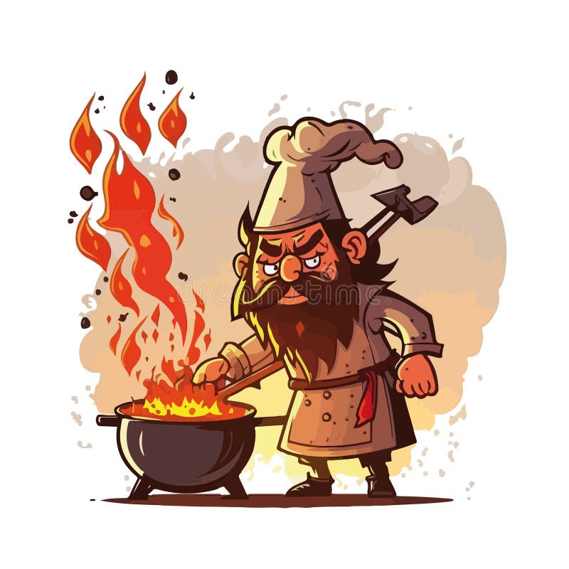 Funny Cartoon Chef with a Pot of Fire. Stock Vector - Illustration of ...