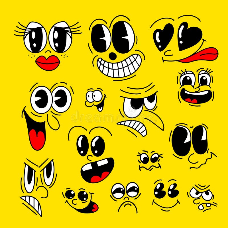 Funny Cartoon Comic Faces on Yellow Background. Yellow Different Faces ...
