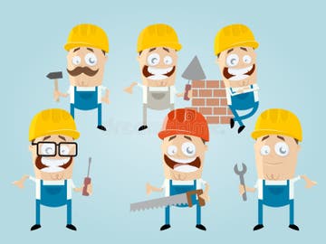 Funny Cartoon Construction Worker Team Stock Vector - Illustration of ...