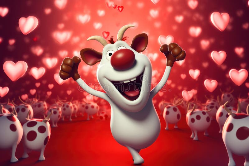 Funny Cartoon Cow Dancing among Red Hearts Stock Photo - Image of ...