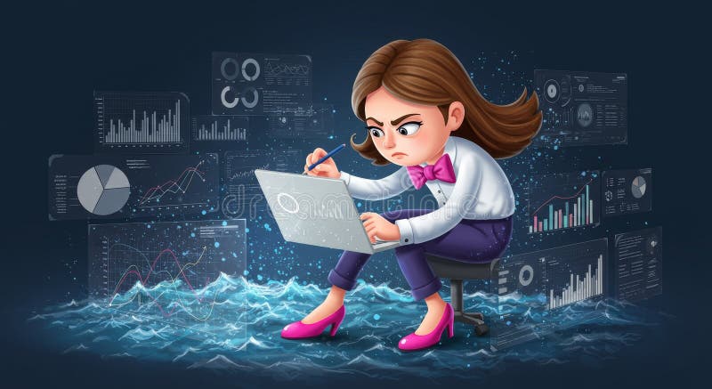 Funny Cartoon Data Analyst Working Intently with Charts and Graphs a ...
