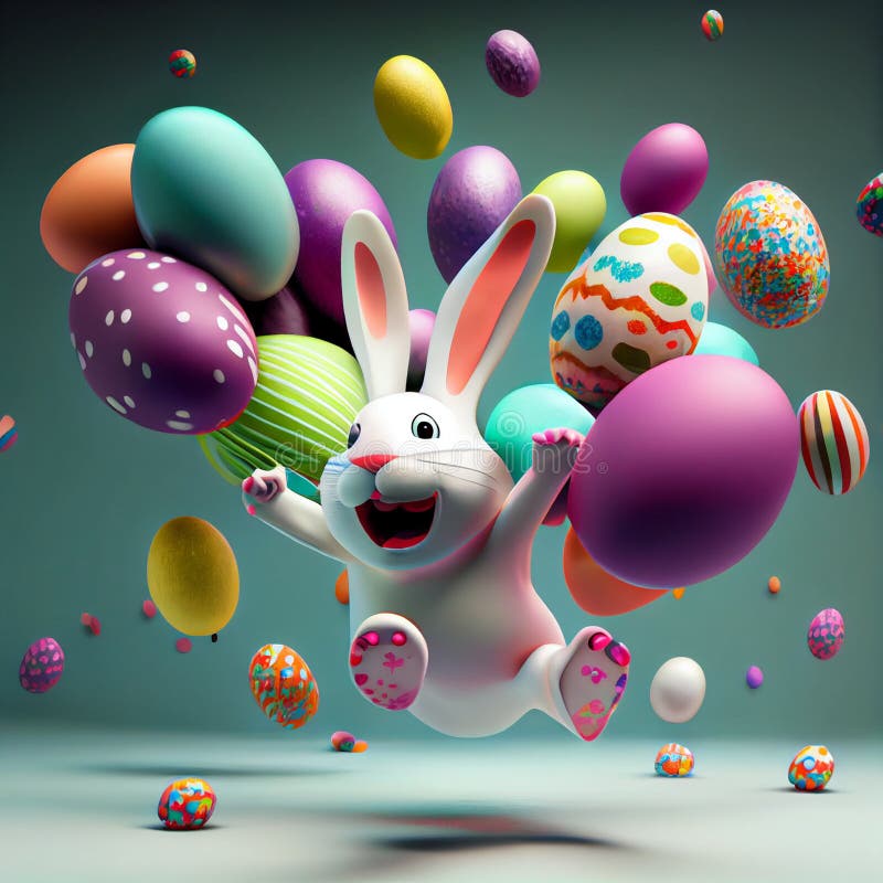 Funny Cartoon Easter Bunny with Coloured Painted Eggs Stock ...