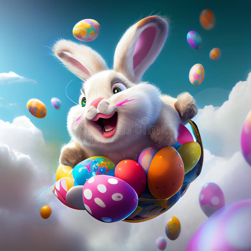 Funny Cartoon Easter Bunny with Coloured Painted Eggs Stock ...