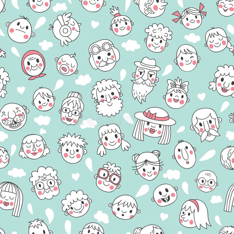 Funny Cartoon Faces. Seamless Pattern Stock Vector - Illustration of ...