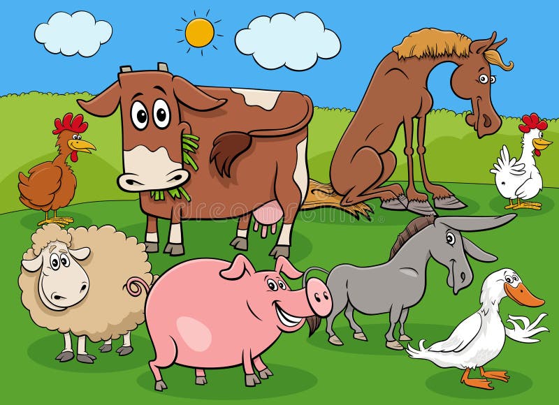 Funny Cartoon Farm Animals Characters Group Stock Vector - Illustration ...