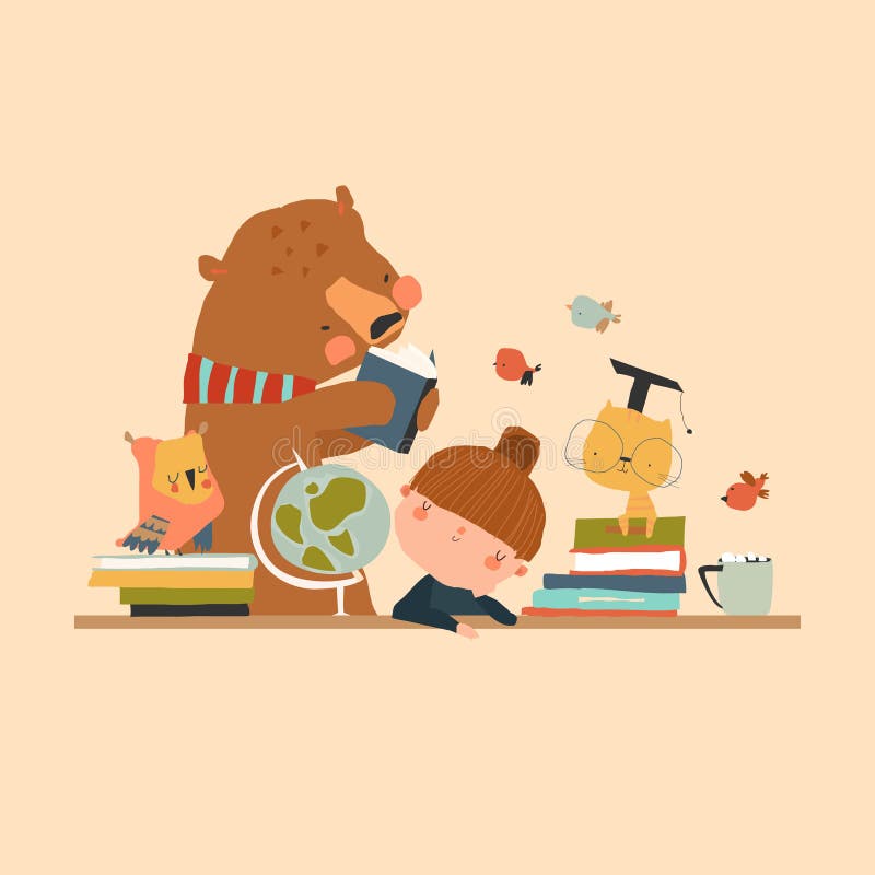 Funny Cartoon Friends Learning in the School Stock Vector ...