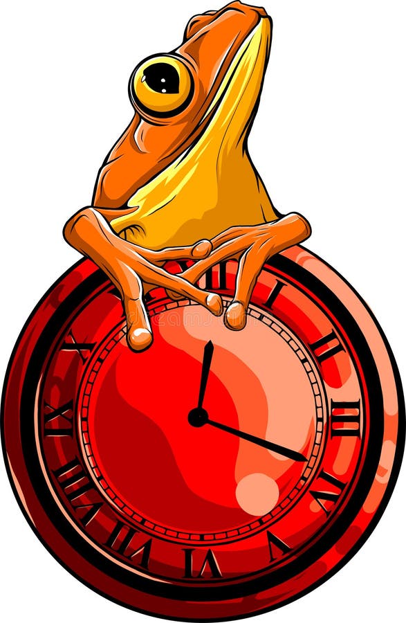 Funny Cartoon Frog with Clock. Hand Drawn Vector Illustration. Stock ...